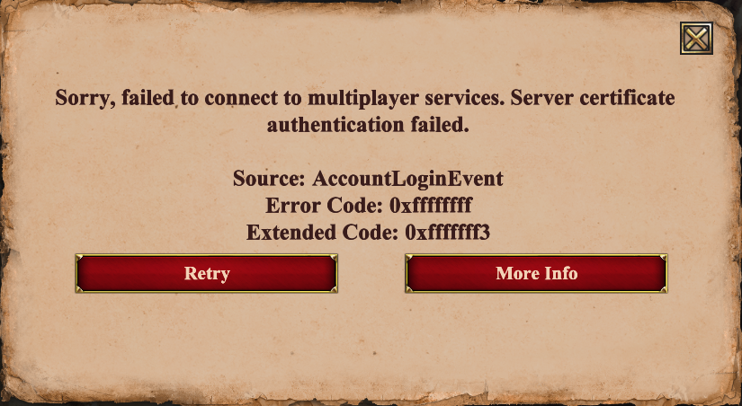 Sorry, failed to connect to multiplayer services. Server certificate authentication failed. - II ...