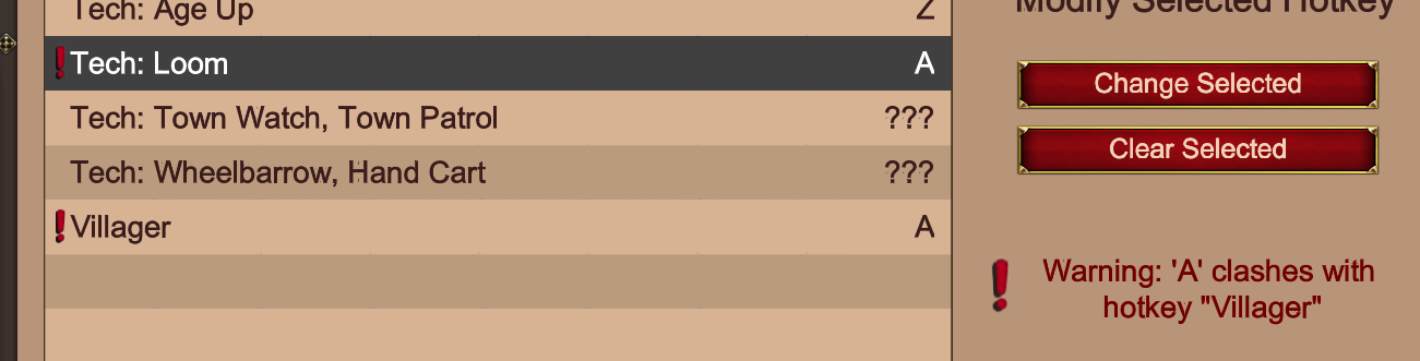 "Research Loom" and "Create Villager" share the same hotkey "A" for "HD ...